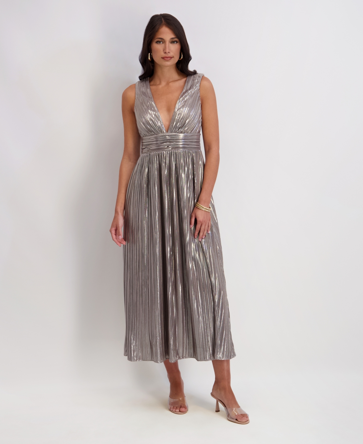Click here for Siena Womens Metallic Pleated Midi Dress - PLATINU... prices