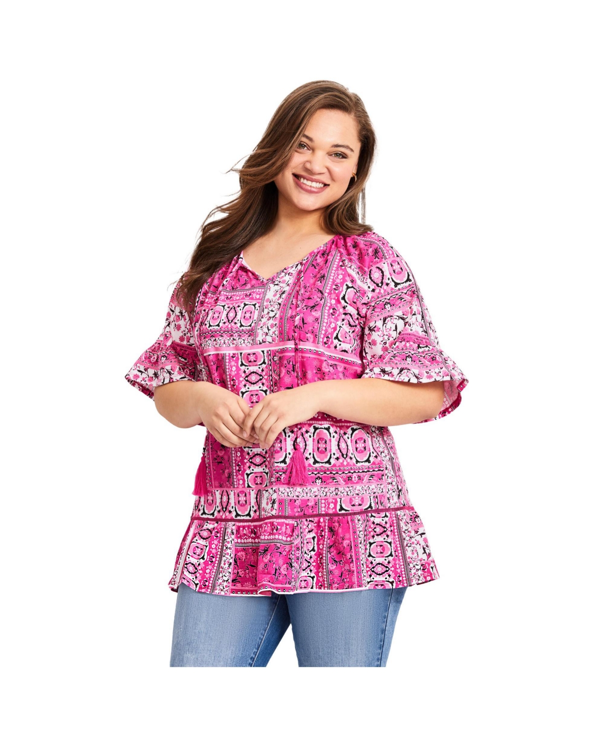 Click here for Avenue Womens Flutter Sleeve Top - Pink patchwork prices