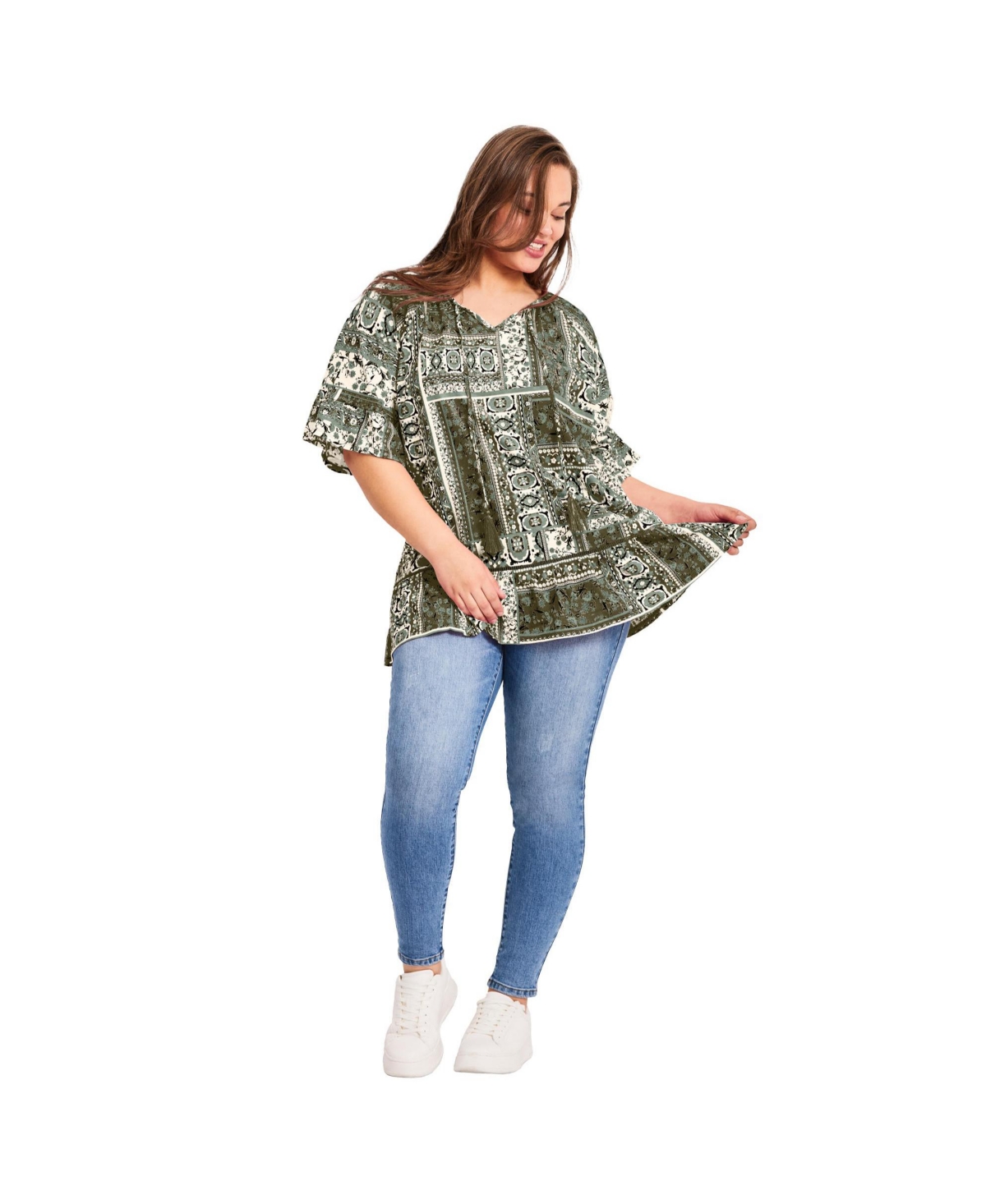 Click here for Avenue Womens Flutter Sleeve Top - Olive patchwork prices