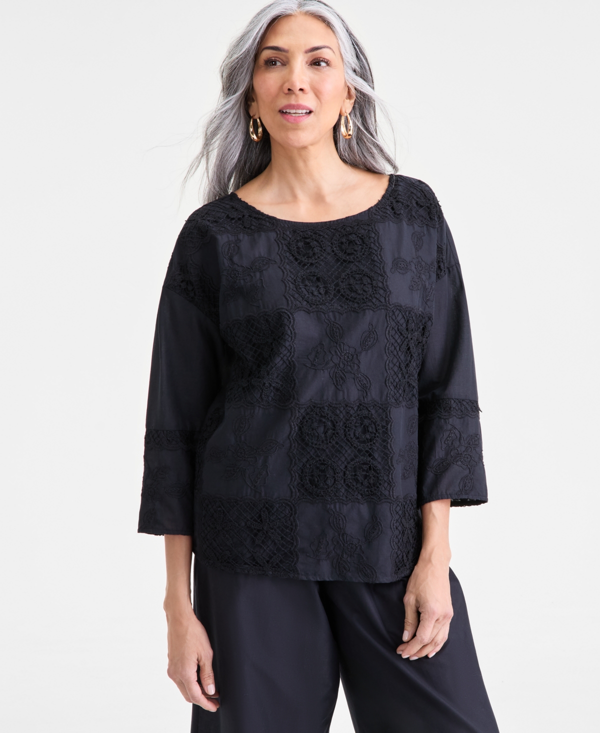 Click here for Style & Co Plus Size Lace Patchwork Round Neck Top... prices