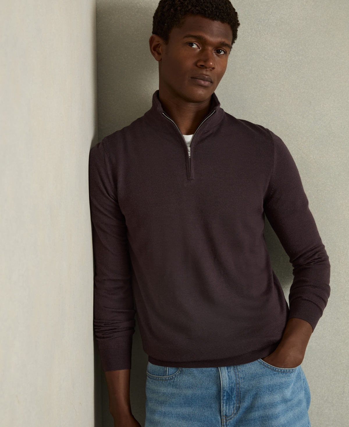 Reiss Mens Merino Wool Half-Zip Funnel Neck Sweater - Dark Bordeaux