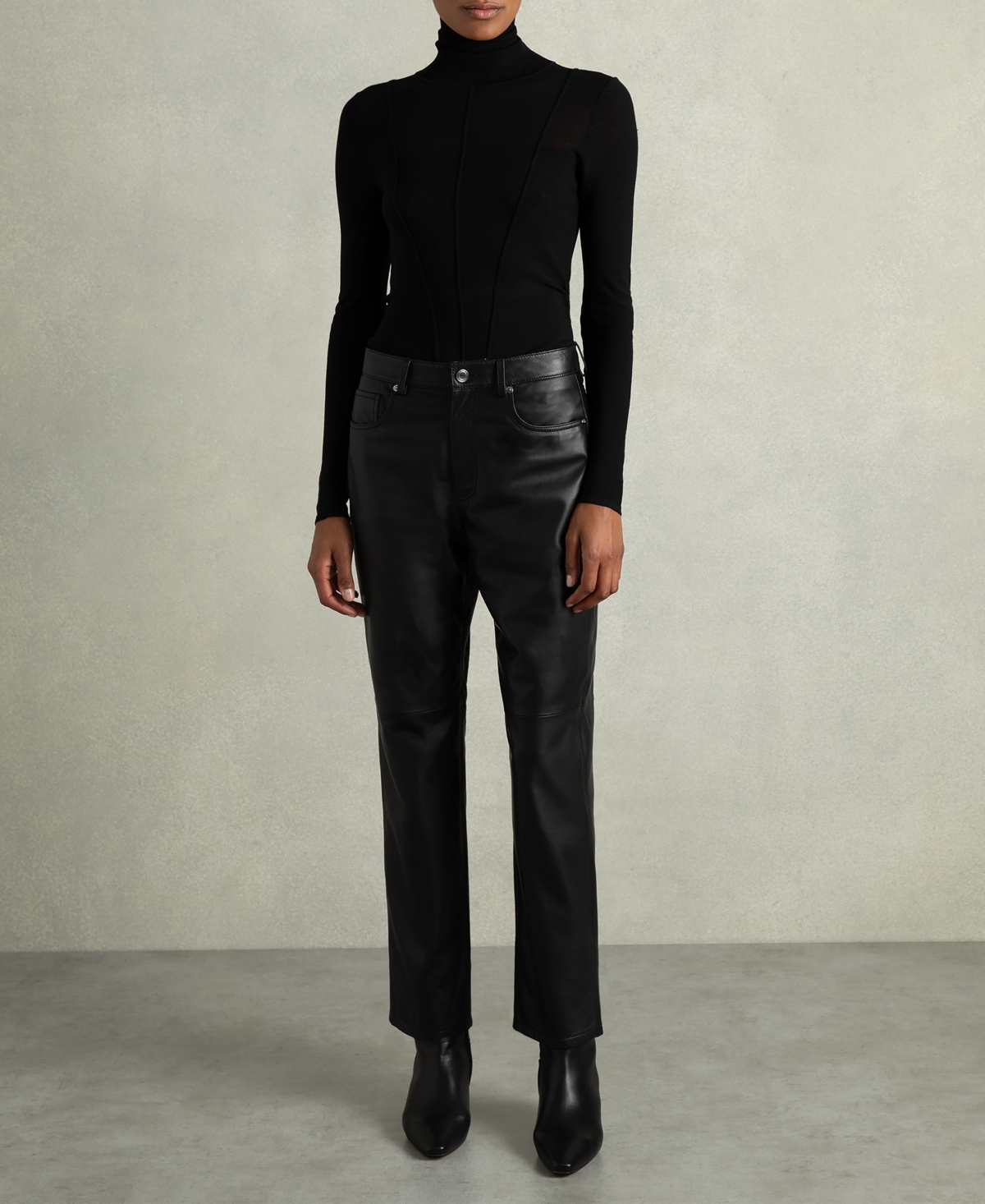 Click here for Reiss Womens Leather Slim-Leg Pants - Black prices