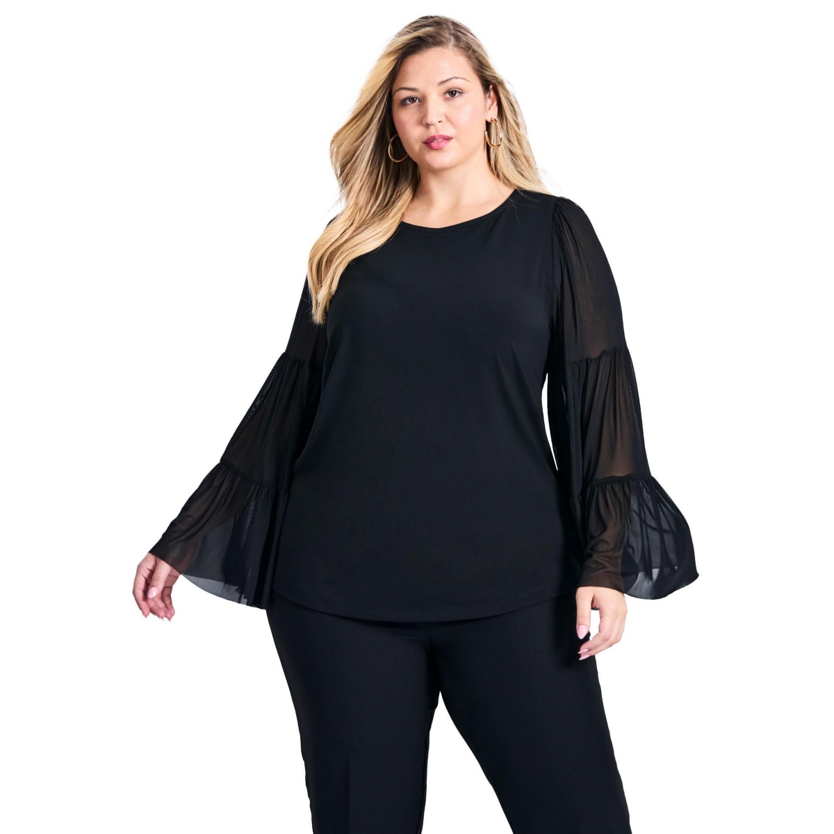 Click here for Avenue Womens Mylo Mesh Bell Sleeve Top - Black prices