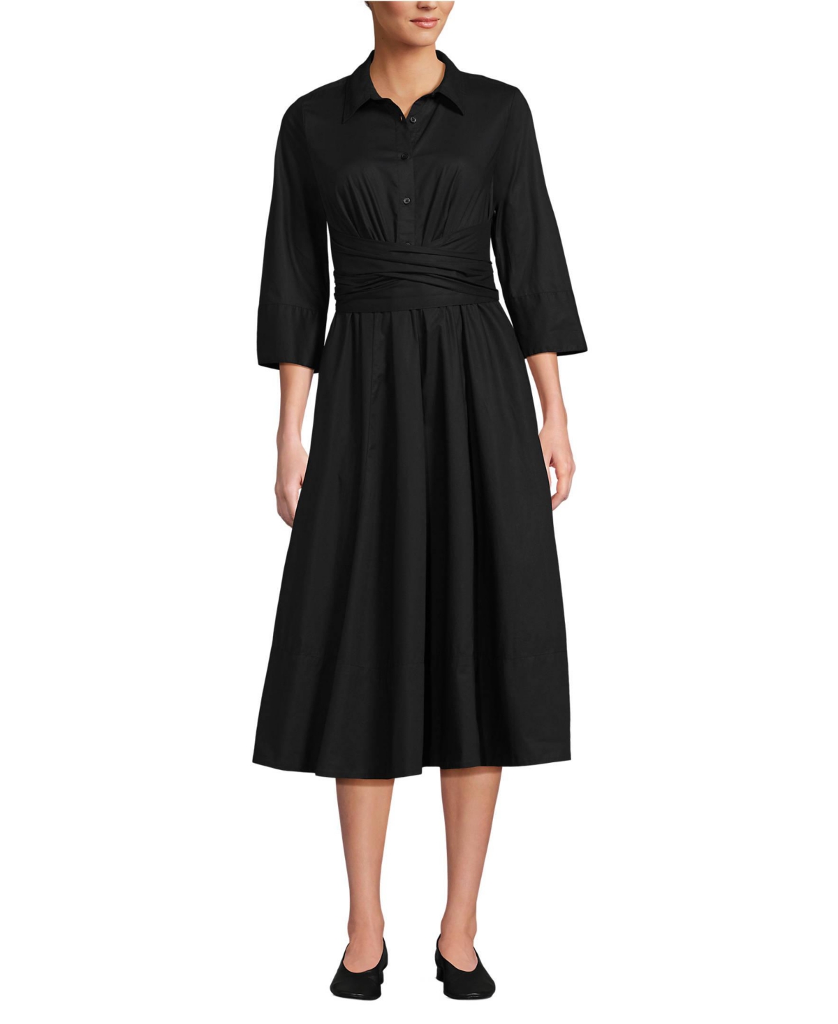 Click here for Lands End Womens Poplin Midi Wrap Front Dress - Bl... prices