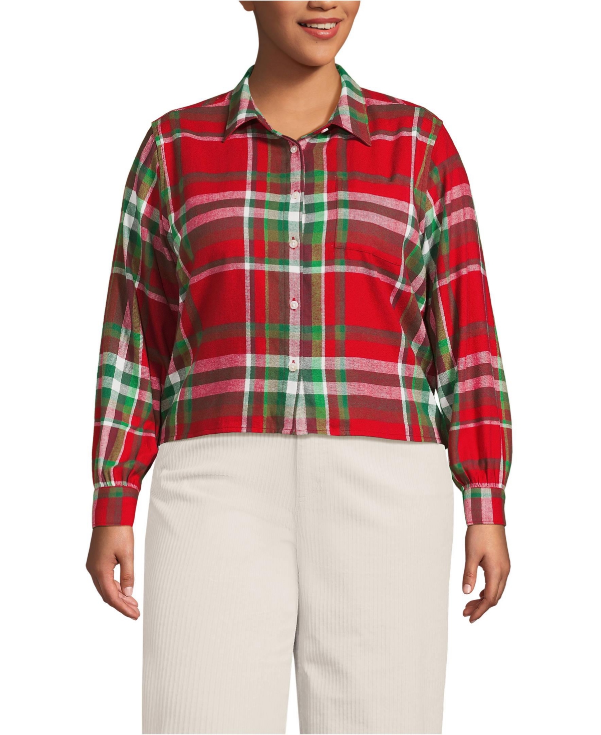 Click here for Lands End Plus Size Cropped Flannel Shirt - Compas... prices