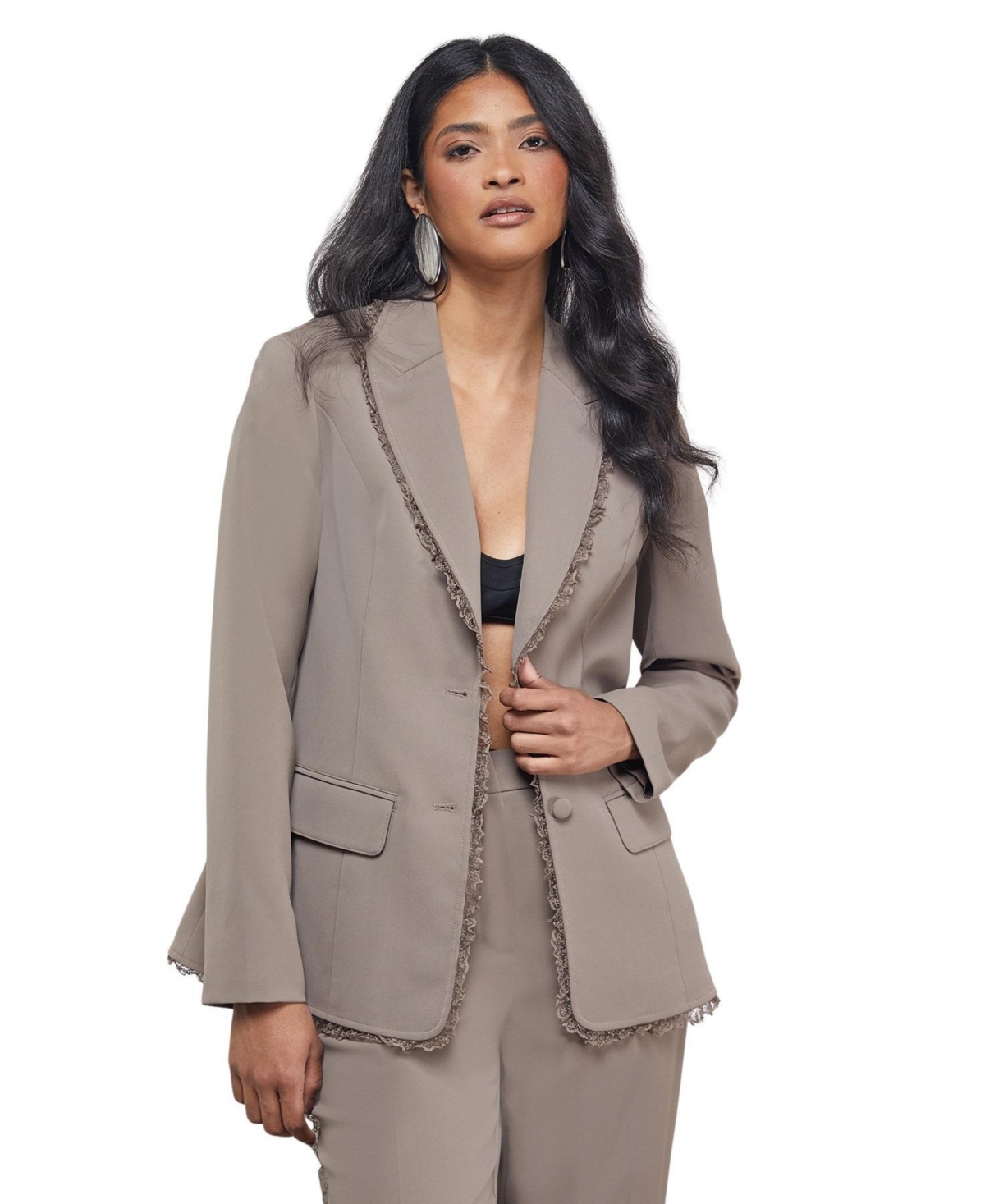 Click here for Warehouse Womens Oversized Lace Frill Trim Blazer... prices