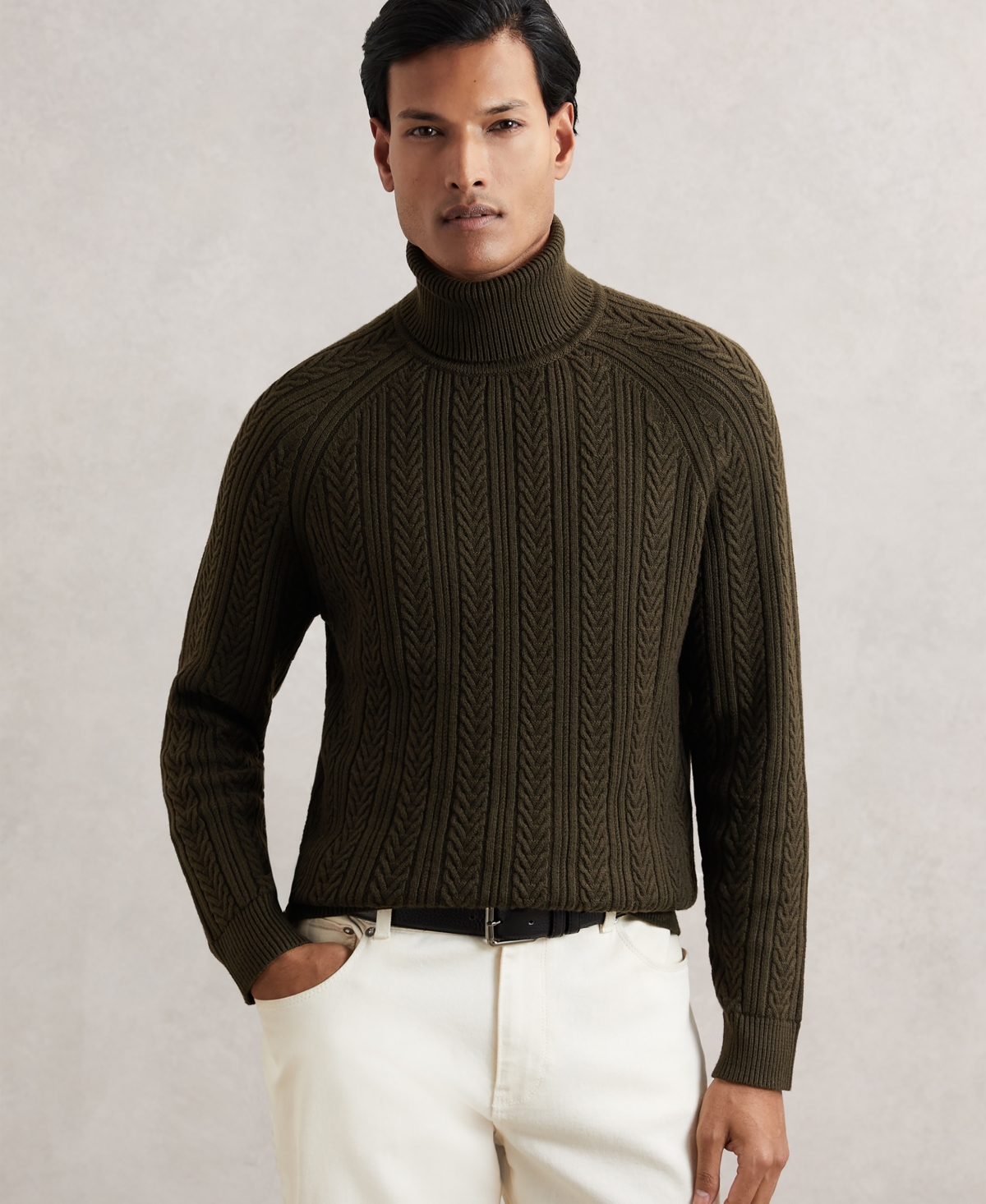 Reiss Mens Cable-Knit Roll-Neck with Wool Sweater - Dark Olive Green