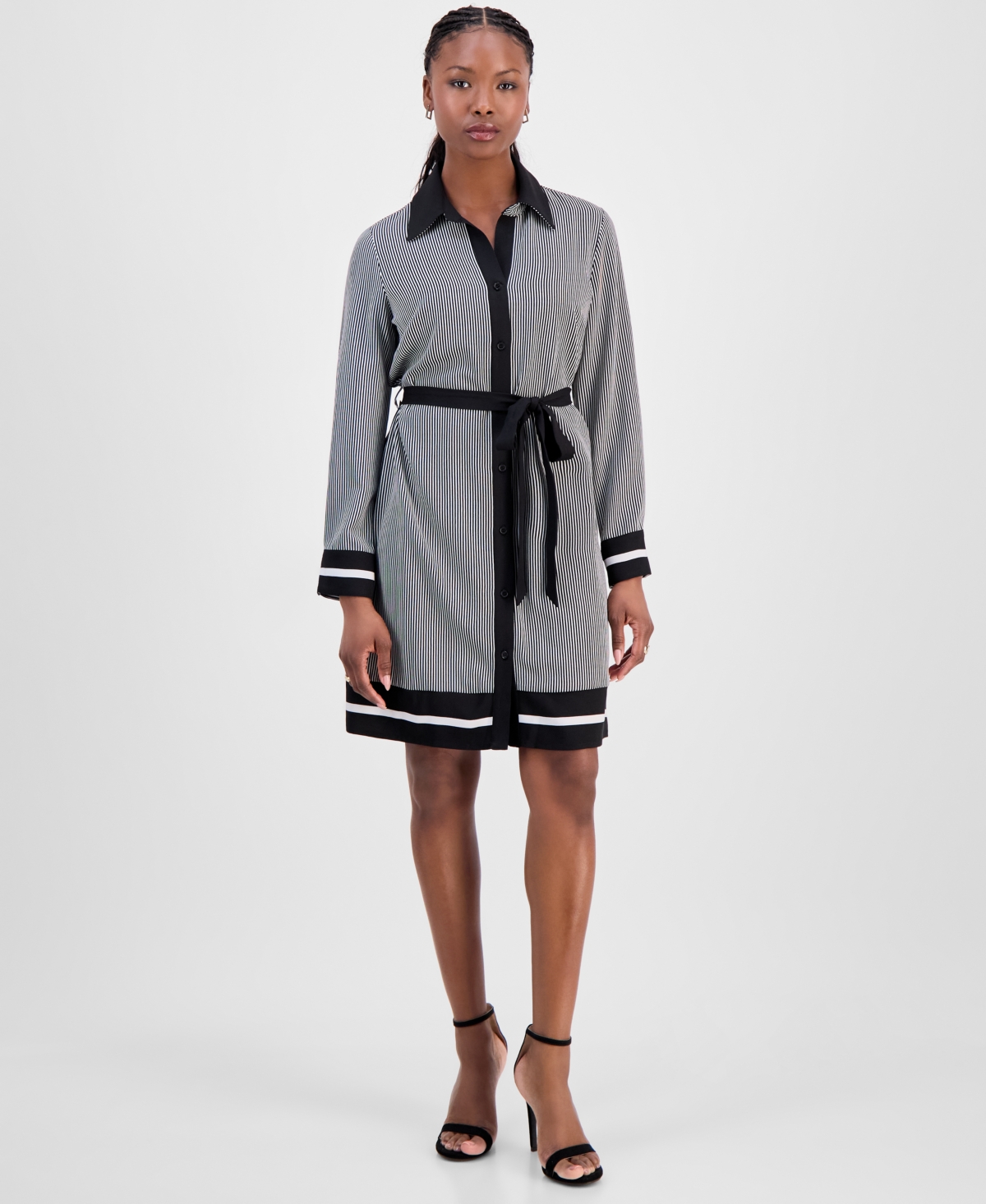 Click here for Robbie Bee Petite Border-Print Belted Dress - Blac... prices