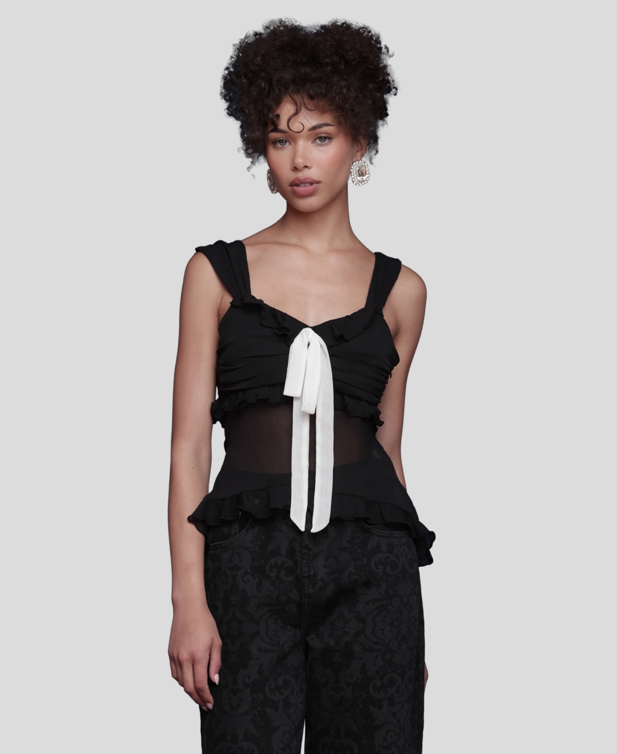 Click here for Avec Les Filles Womens Bow Detail Ruffle Top - Bla... prices