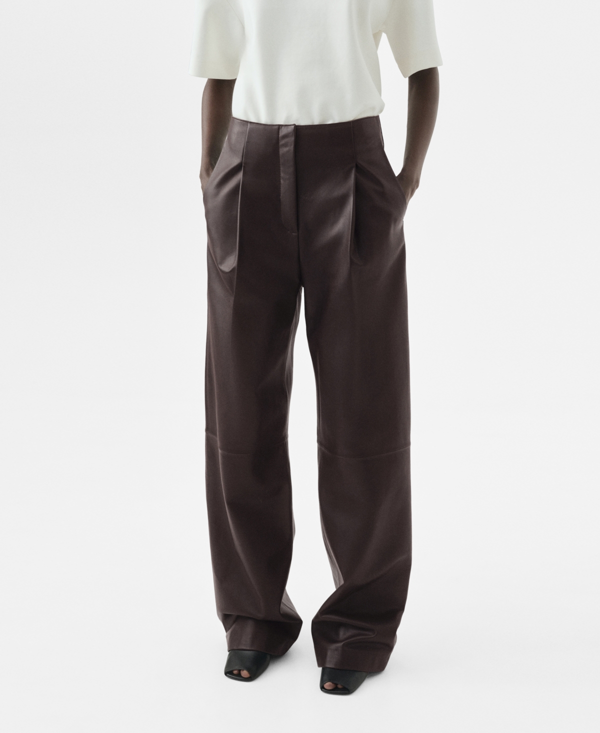Click here for Mango Womens Leather Straight-Leg Pants - Brown prices