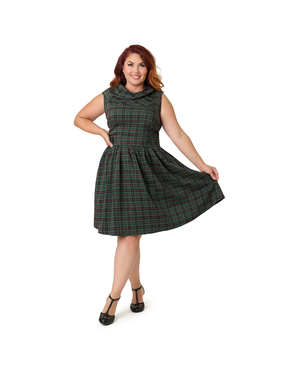 Click here for Plus Size Funnel Neck Flare Dress - Green plaid prices