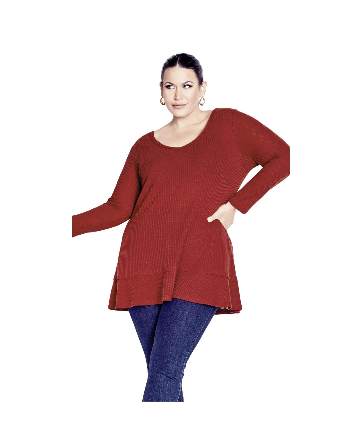 Click here for Avenue Womens Waffle Ruffle Tunic - Ruby prices