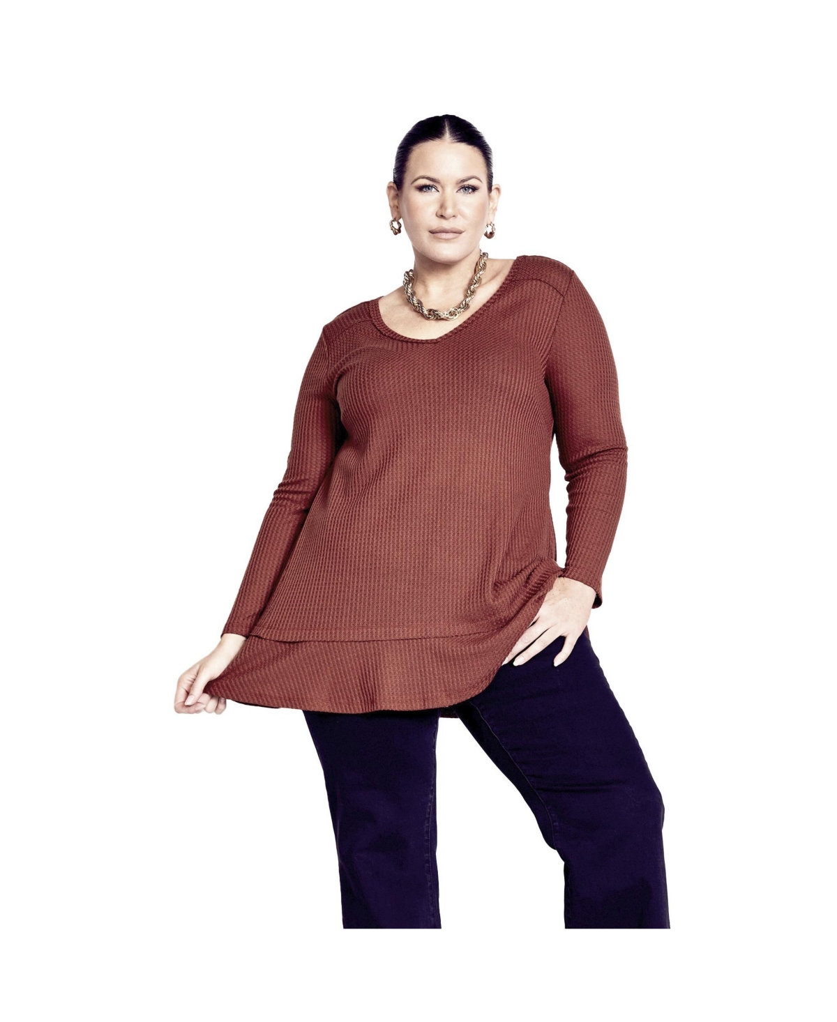Click here for Avenue Womens Waffle Ruffle Tunic - Spice prices