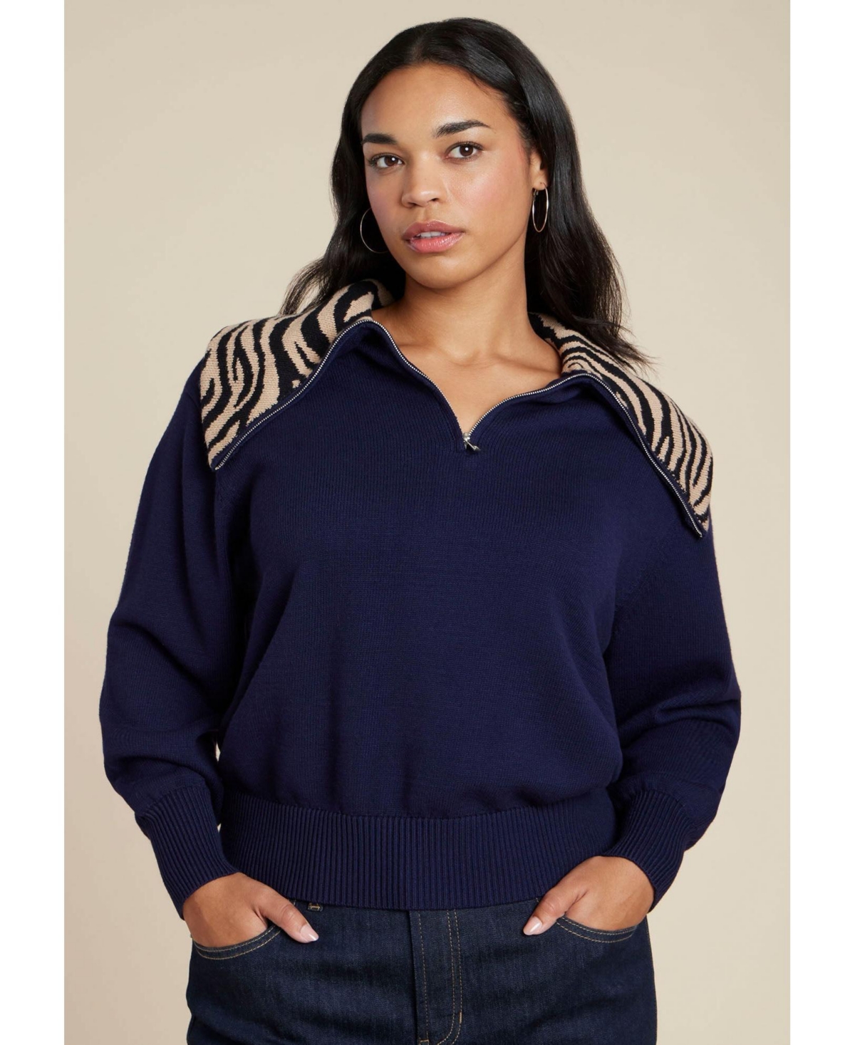 Click here for Eloquii Womens Sweater With Animal Print Collar -... prices