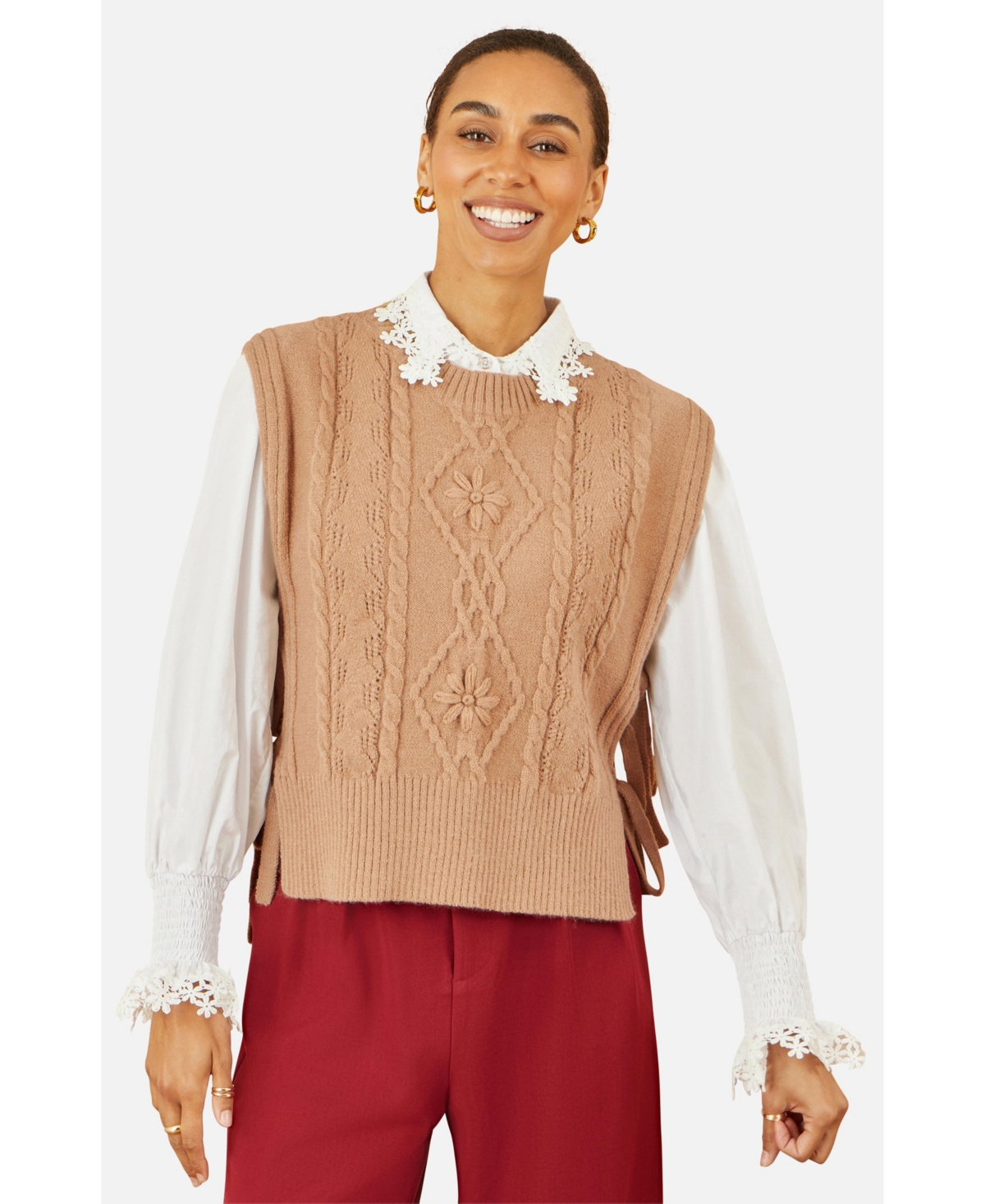 Click here for Yumi Womens Floral Cable Knit Side Tie Pullover -... prices