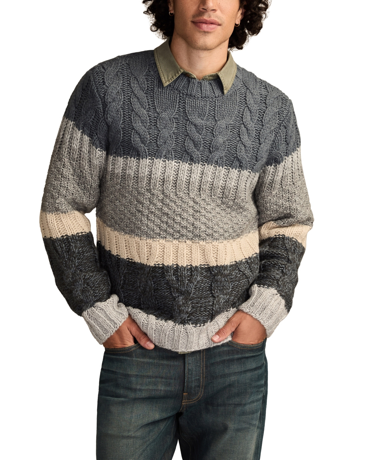 Click here for Lucky Brand Mens Cable Stripe Crewneck Sweater - T... prices