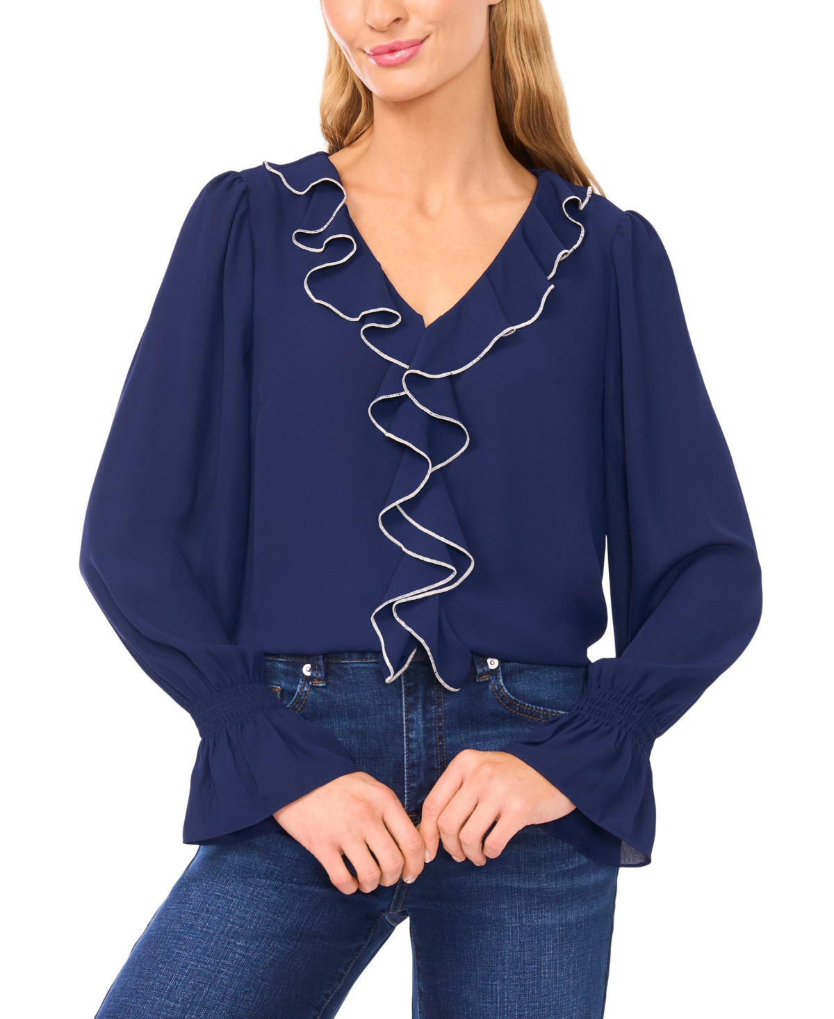 Click here for CeCe Womens Ruffle V-Neck Top - Classic Navy prices
