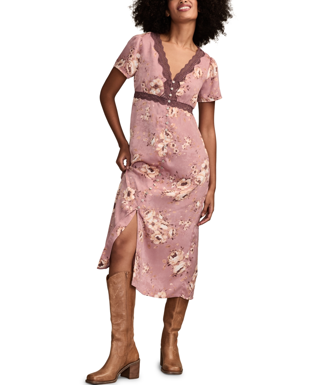 Click here for Lucky Brand Womens Lace Trim Floral Midi Dress - R... prices