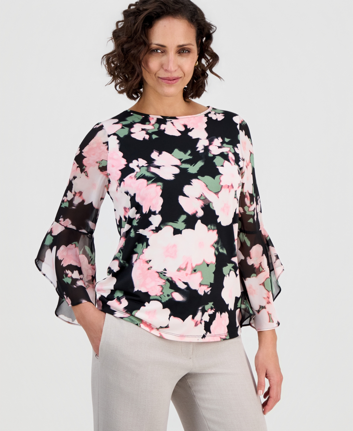 Click here for Kasper Petite Chiffon Flutter-Sleeve Top - Black M... prices