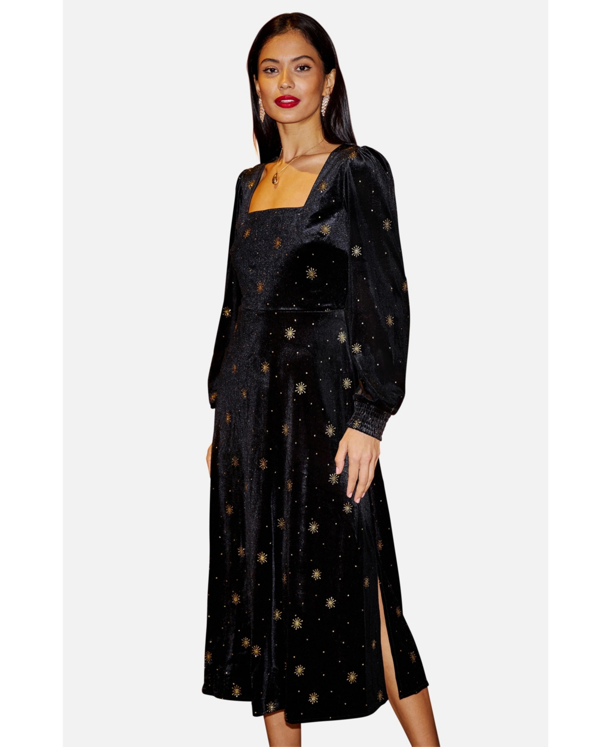 Click here for Yumi Womens Foil Print Velvet Midi Dress - Black prices