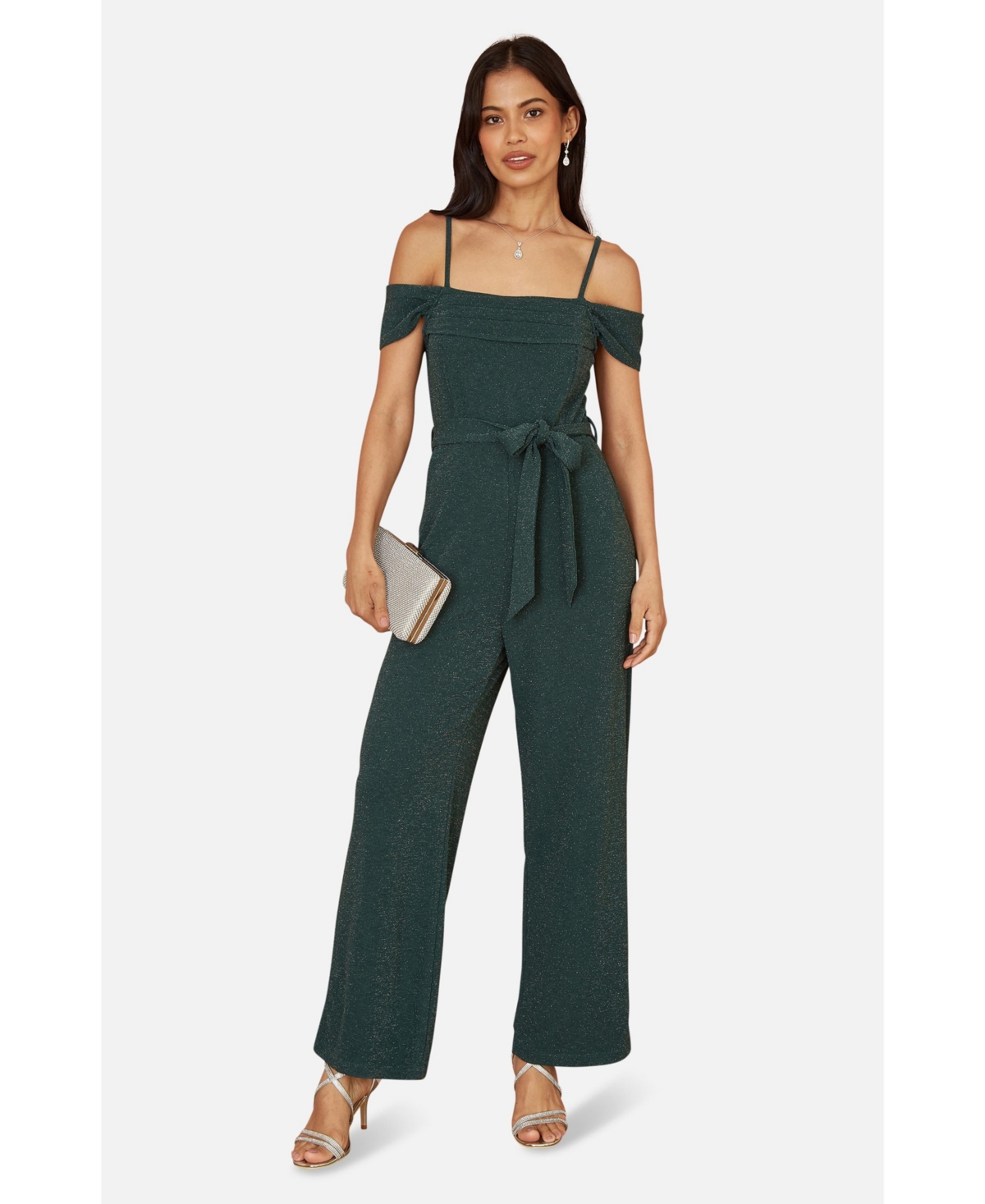 Click here for Yumi Womens Sparkle Stretch Bardot Jumpsuit - Gree... prices