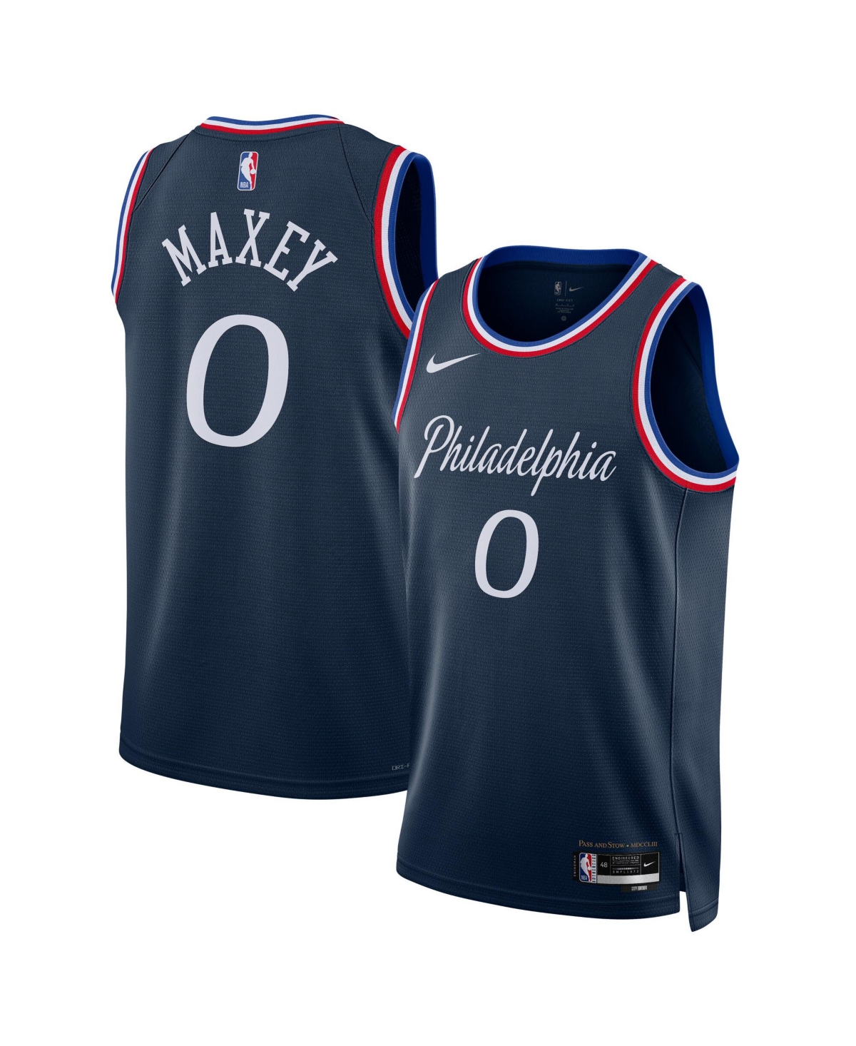 Click here for Nike Mens and Womens Tyrese Maxey Navy Philadelphi... prices