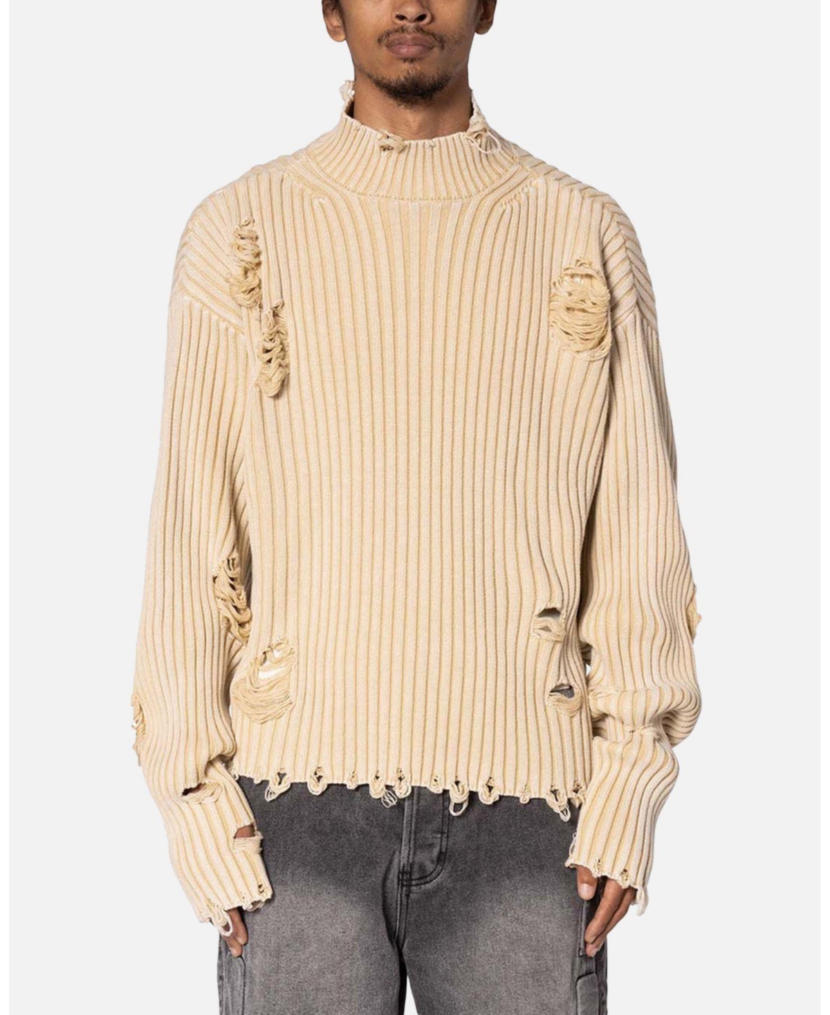 Click here for mnml Mens Distressed Crop Knit Sweater - Beige/Kha... prices