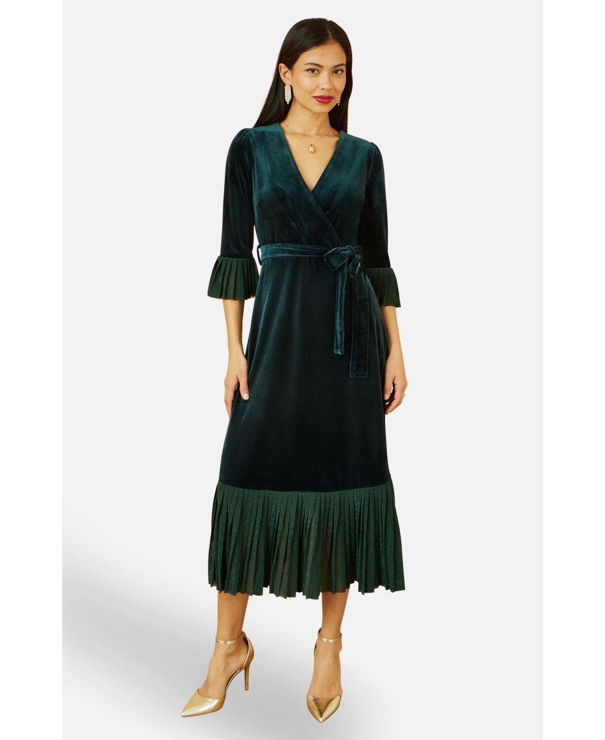 Click here for Yumi Womens Velvet Wrap V-Neck Midi Dress - Green prices