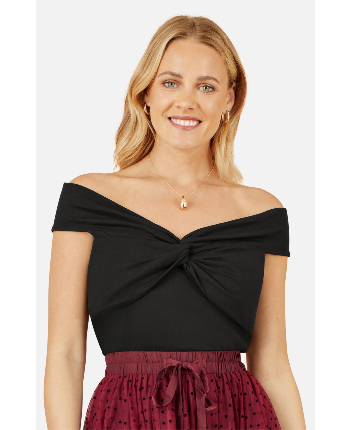 Click here for Yumi Womens Cotton Knot Detail Bardot Top - Black prices