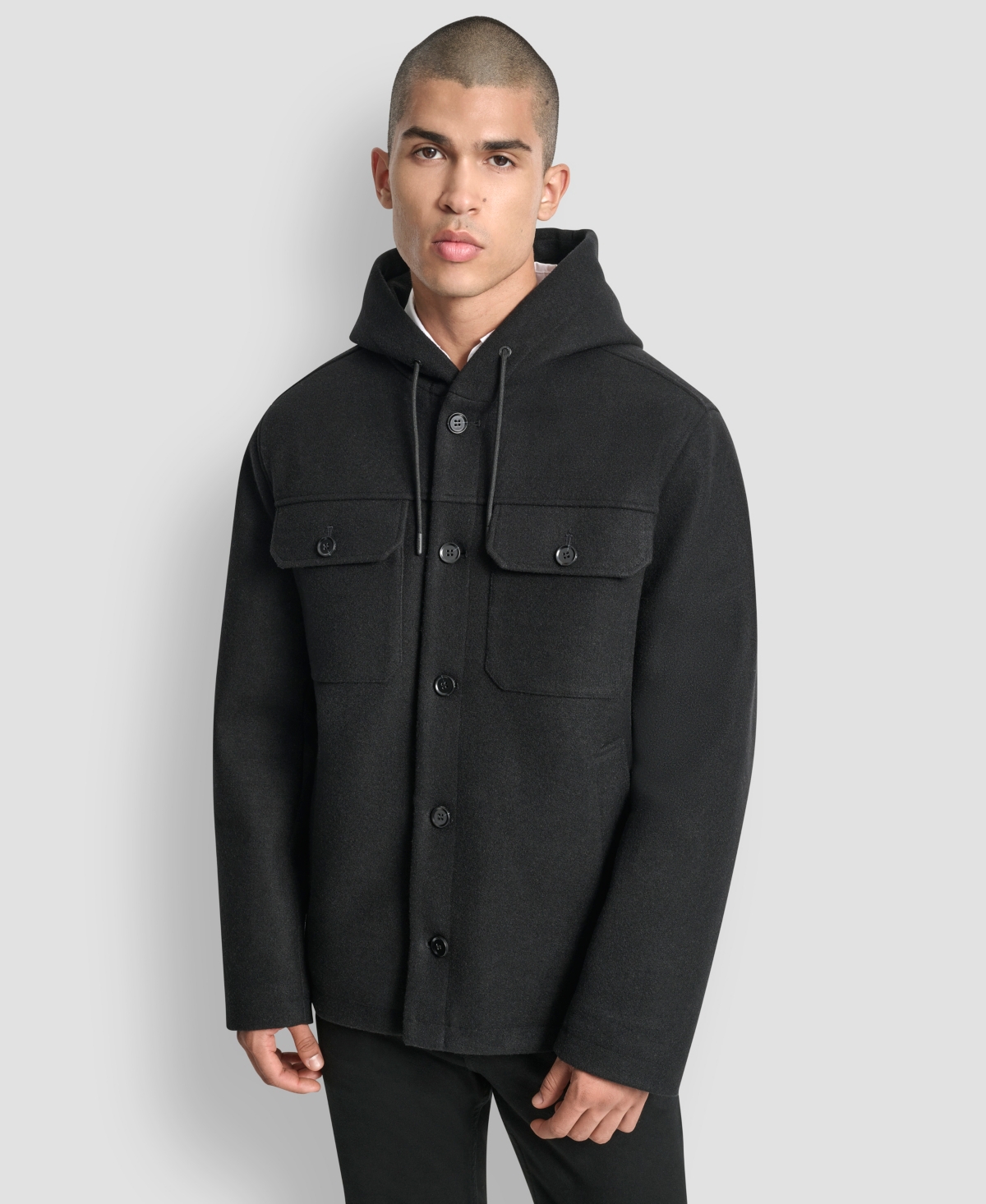 Click here for Dkny Mens Faux Wool Hooded Shirt Jacket - Black prices