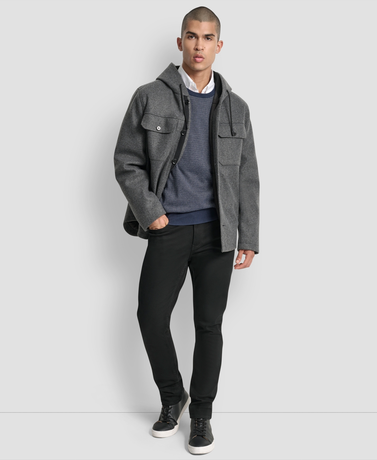 Click here for Dkny Mens Faux Wool Hooded Shirt Jacket - Charcoal prices