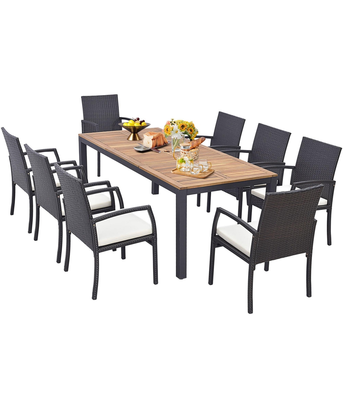 Click here for 9 Pcs Patio Rattan Dining Set with Acacia Wood Tab... prices