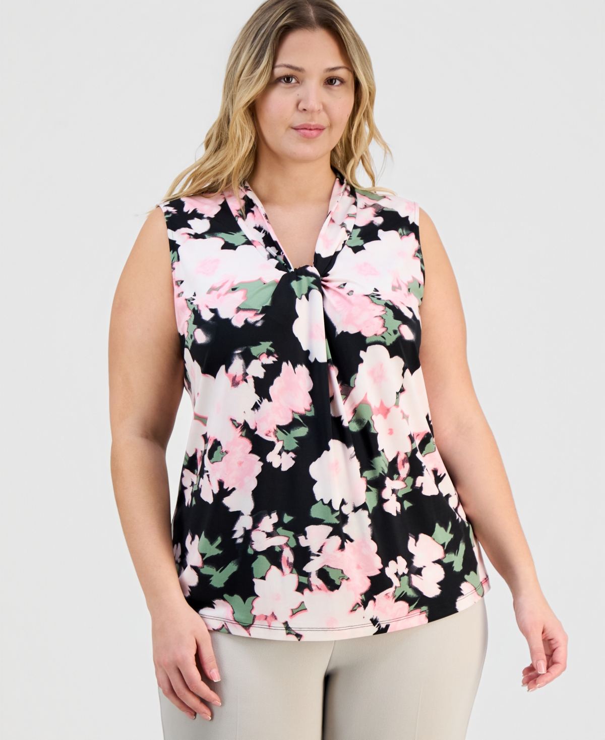 Click here for Kasper Plus Size Printed Knot-Neck Sleeveless Top... prices
