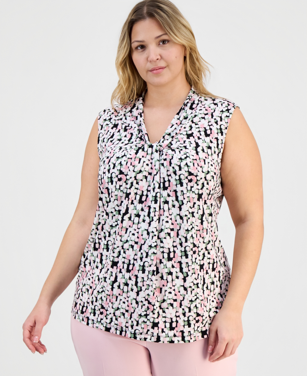 Click here for Kasper Plus Size Printed Knot-Neck Sleeveless Top... prices