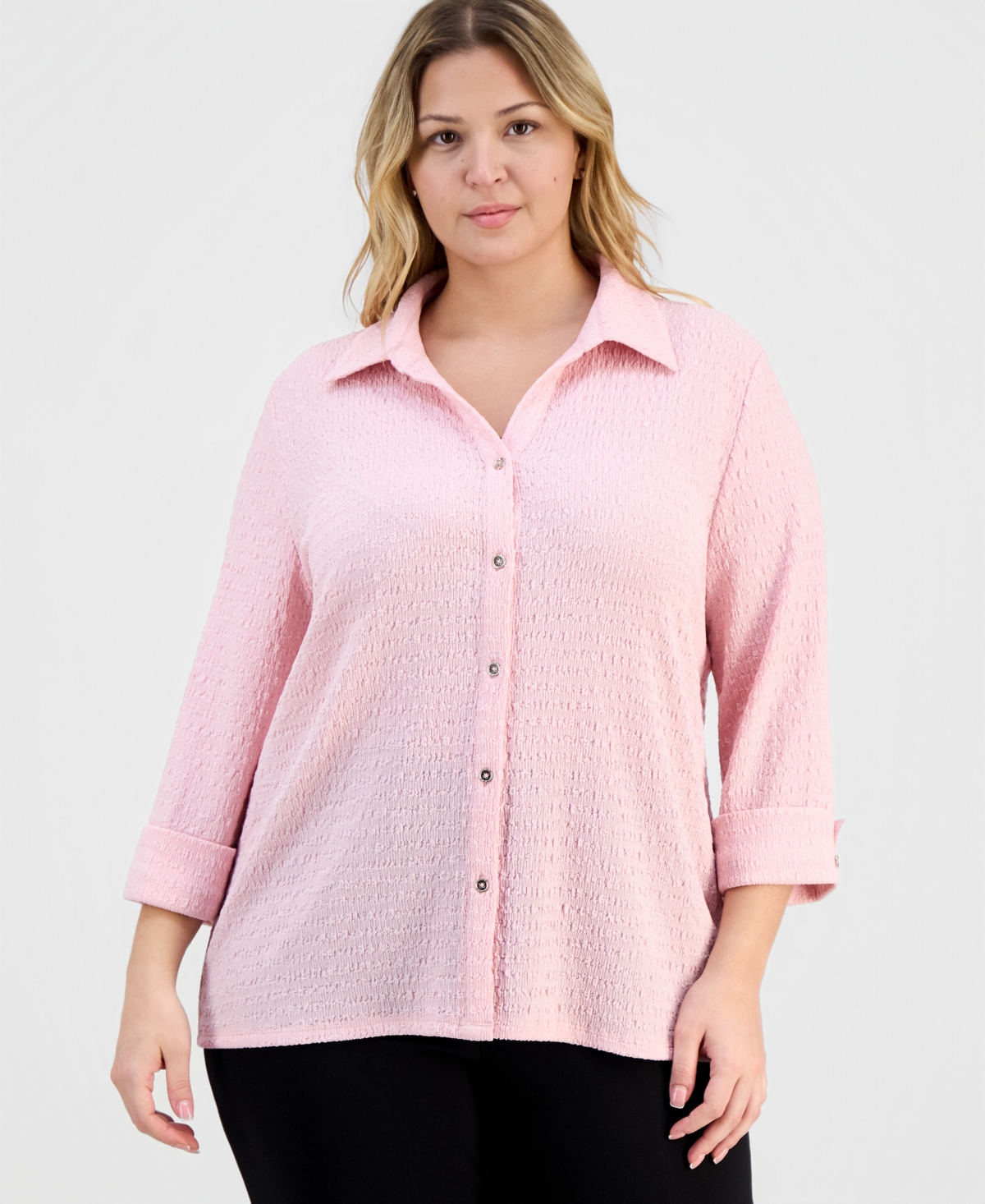 Kasper Plus Size 3/4-Sleeve Button-Front Shirt - Tutu Pink