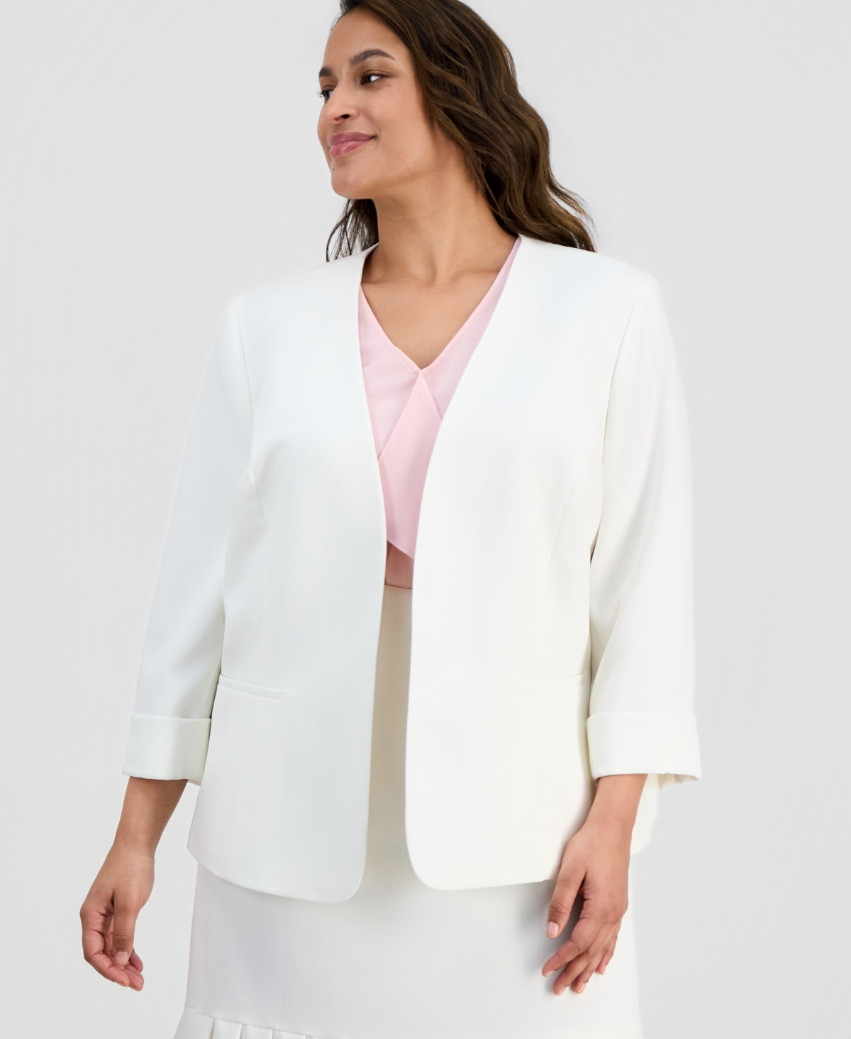 Kasper Plus Size Stretch Crepe Open-Front 3/4-Sleeve Collarless Blazer - Vanilla Ice