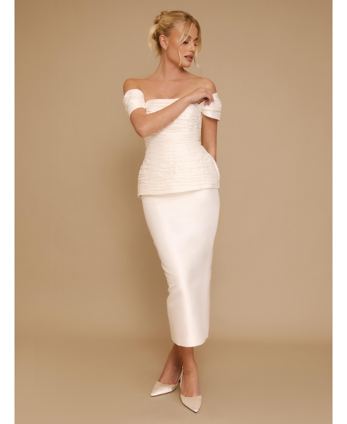 Click here for Six Stories Womens Gathered Bardot Peplum Midi Dre... prices