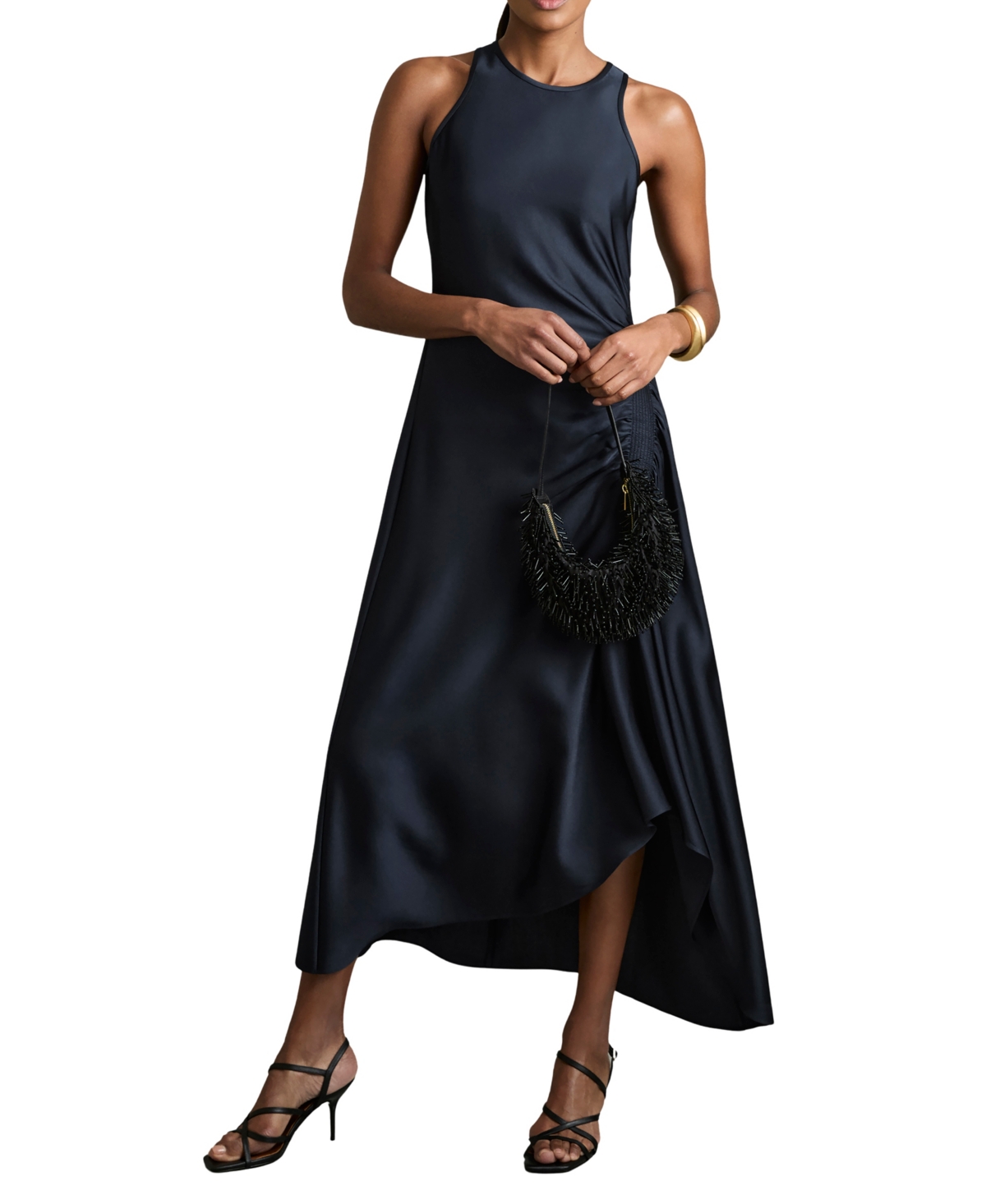 Click here for Reiss Womens Satin Shirred Midi Dress - Navy prices