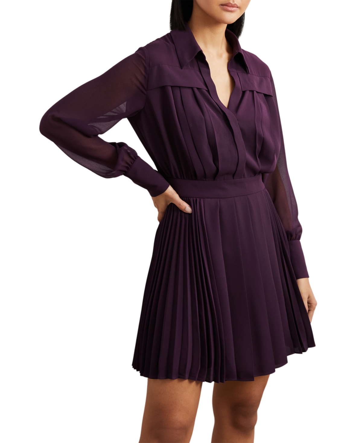 Click here for Reiss Womens Pleated Sheer-Sleeve Mini Dress - Bur... prices