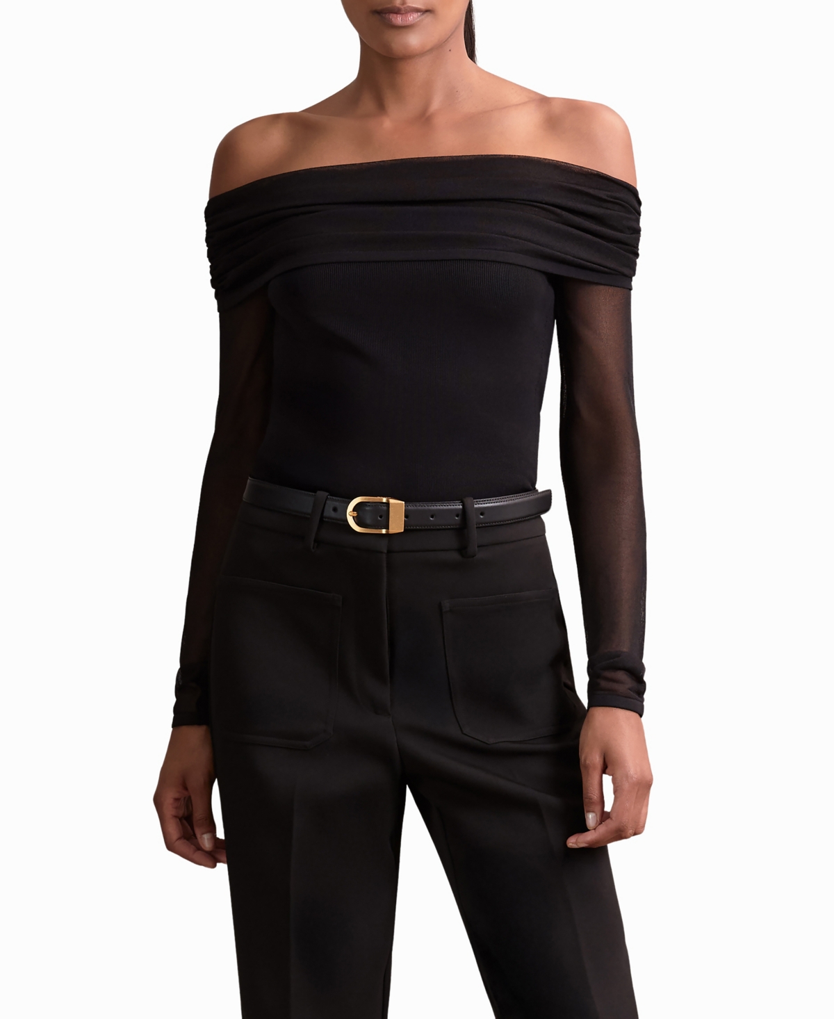 Click here for Reiss Womens Sheer-Mesh Bardot Top - Black prices