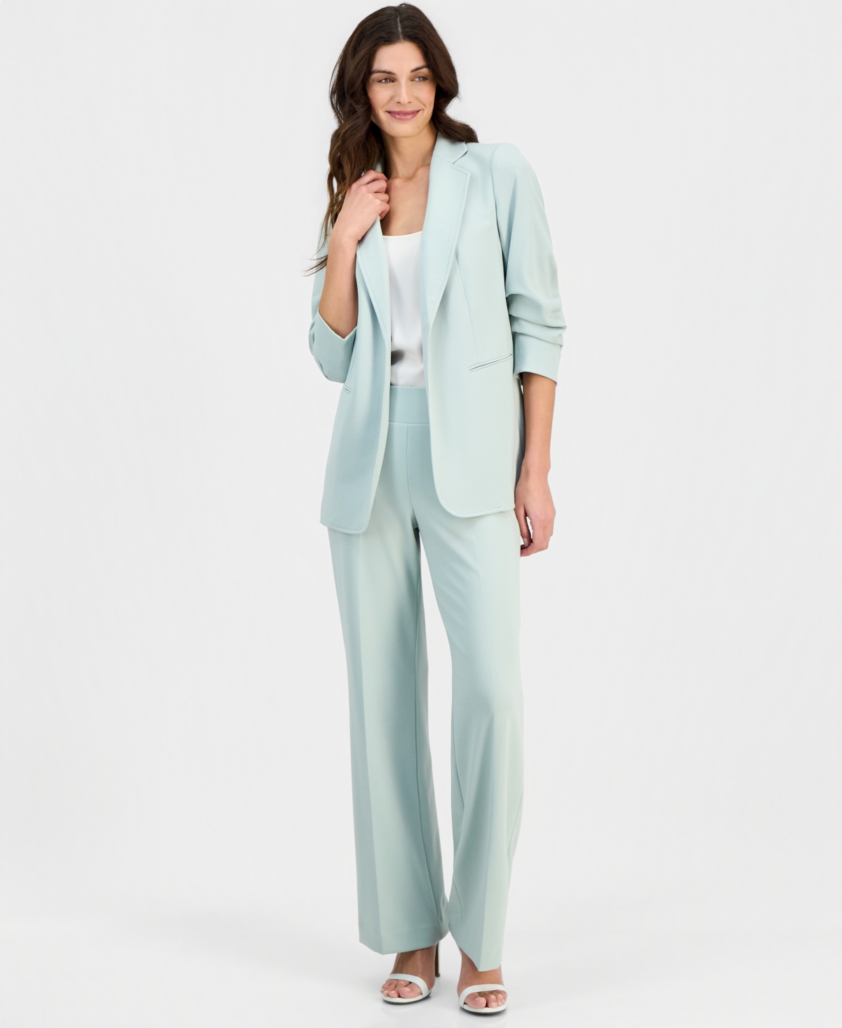 Anne Klein Womens Stretch Crepe High-Rise Wide-Leg Pull On Pants - Soft Aloe