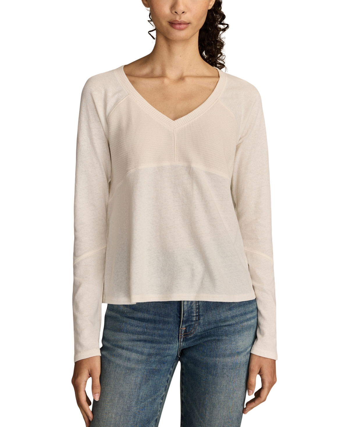 Click here for Lucky Brand Womens Waffle Mix V-Neck Top - Whisper... prices
