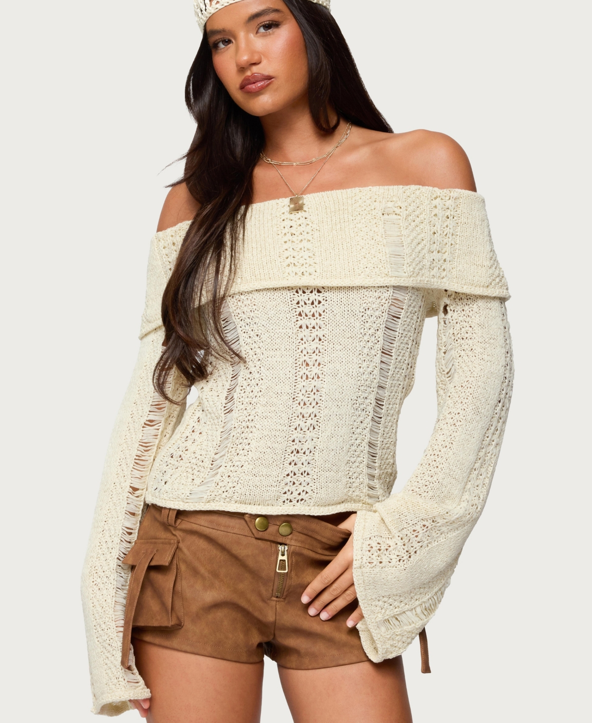 Click here for Edikted Womens Renna Distressed Fold Over Knit Top... prices