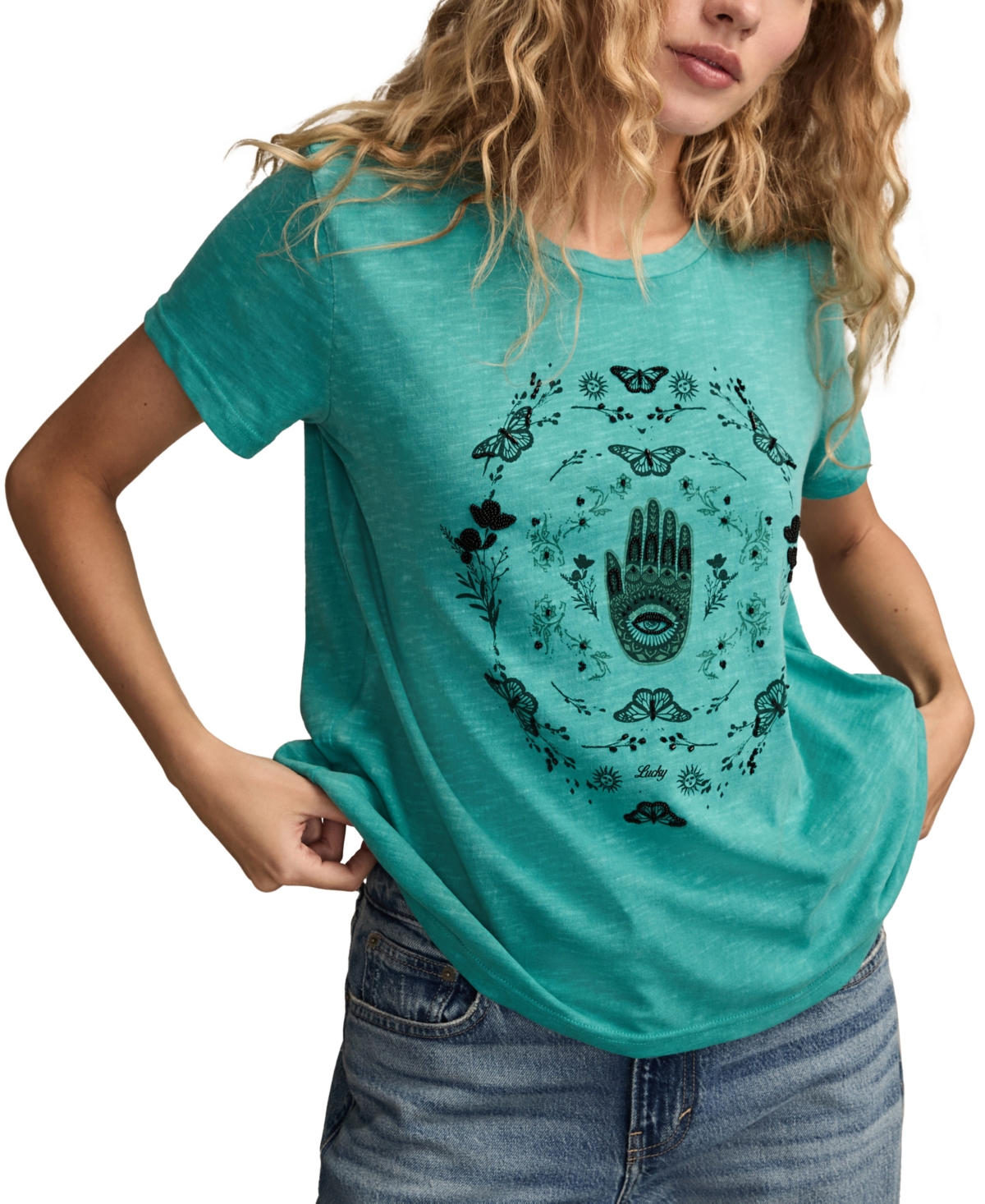 Click here for Lucky Brand Womens Hamsa Butterfly Frame Crewneck... prices