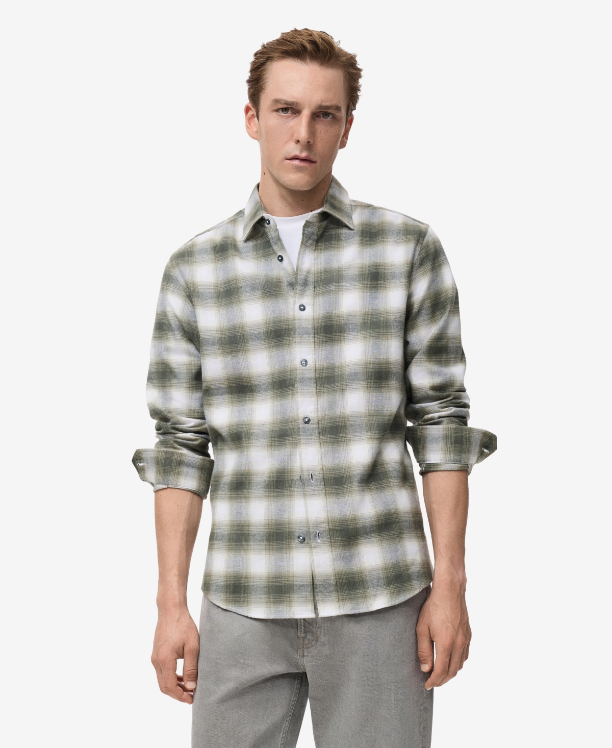 Click here for Mango Mens Cotton Flannel Check Overshirt - Dark G... prices