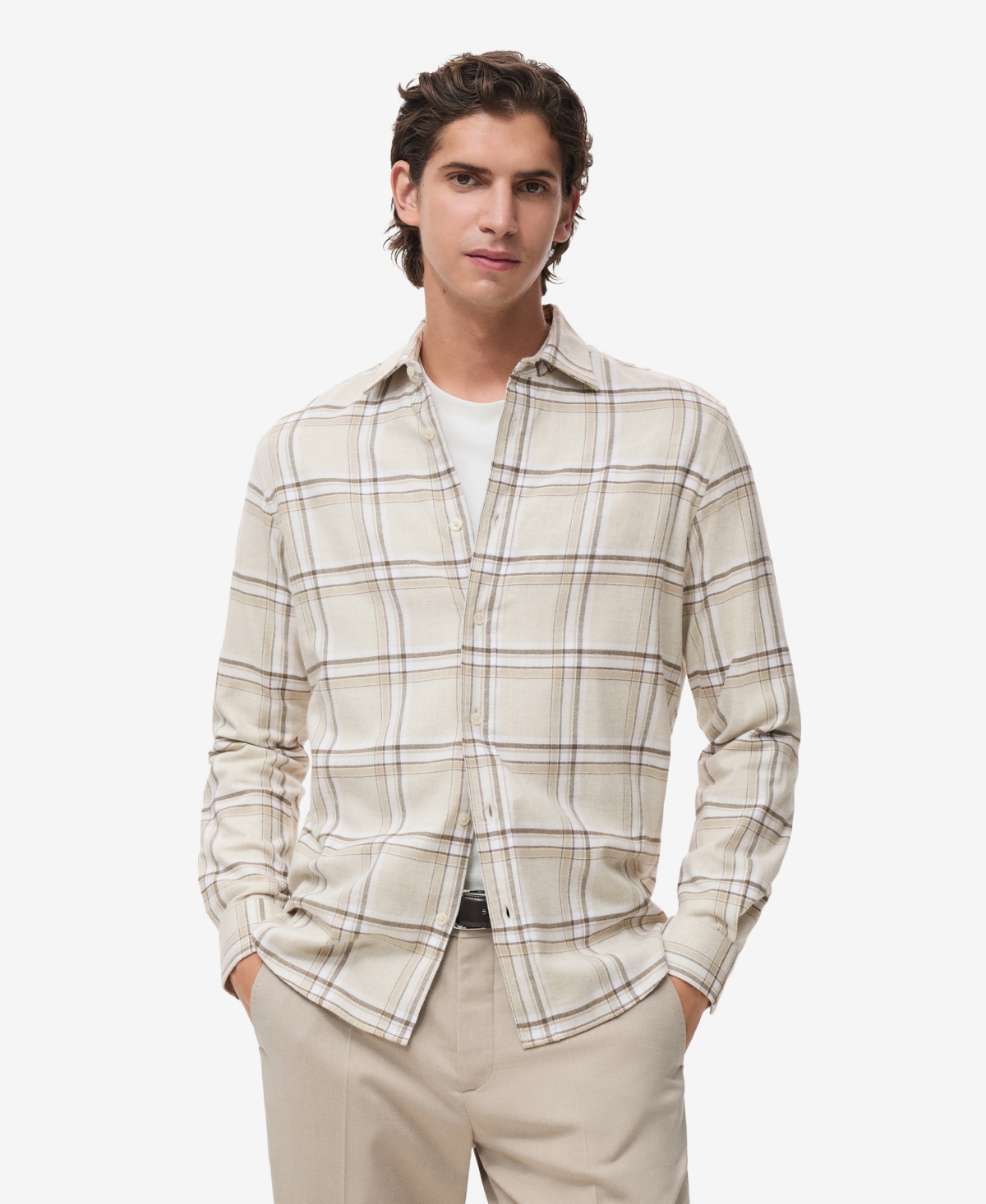 Click here for Mango Mens Cotton Flannel Check Overshirt - Ecru prices