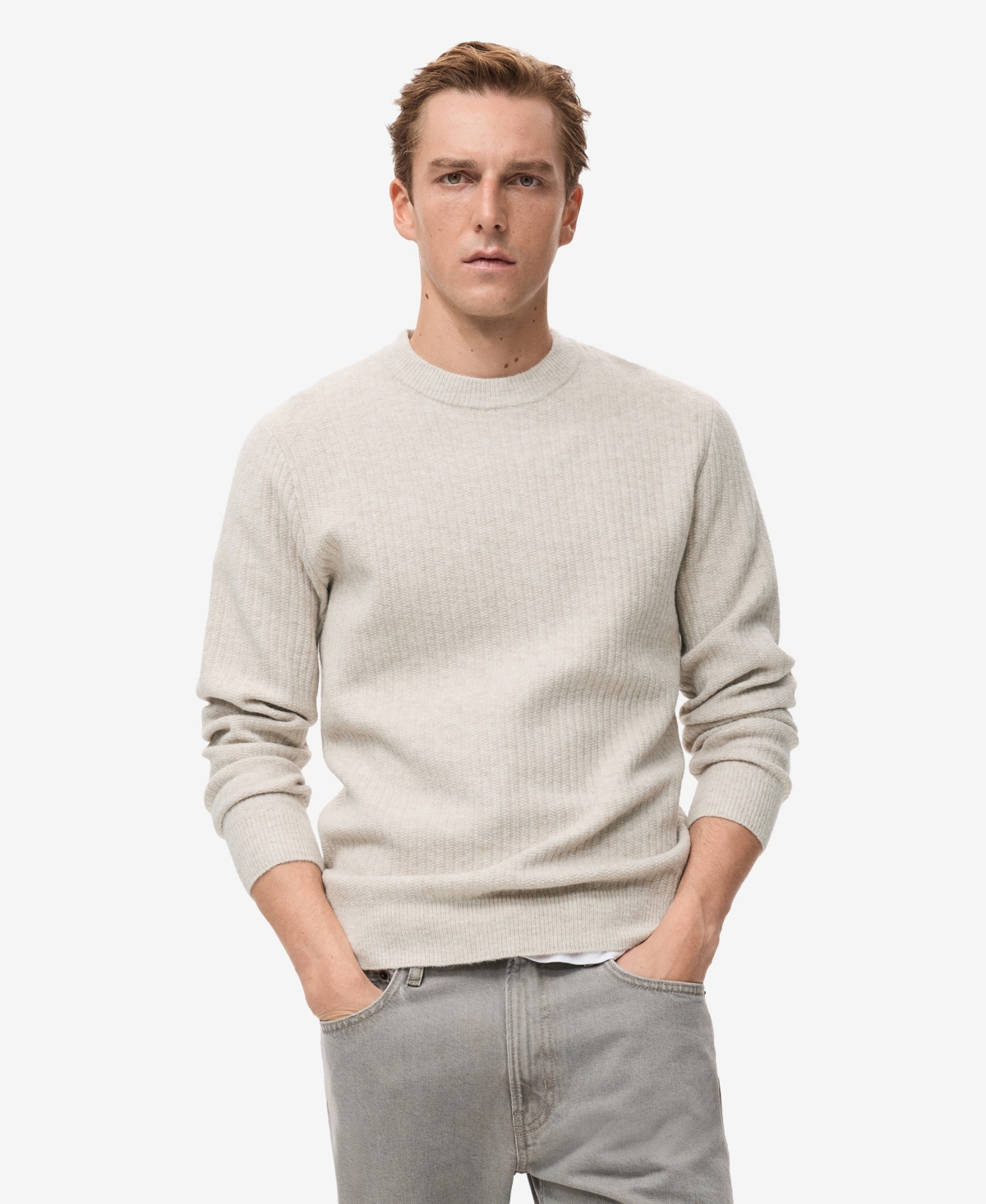 Click here for Mango Mens Knitted Ribbed Sweater - Ecru prices