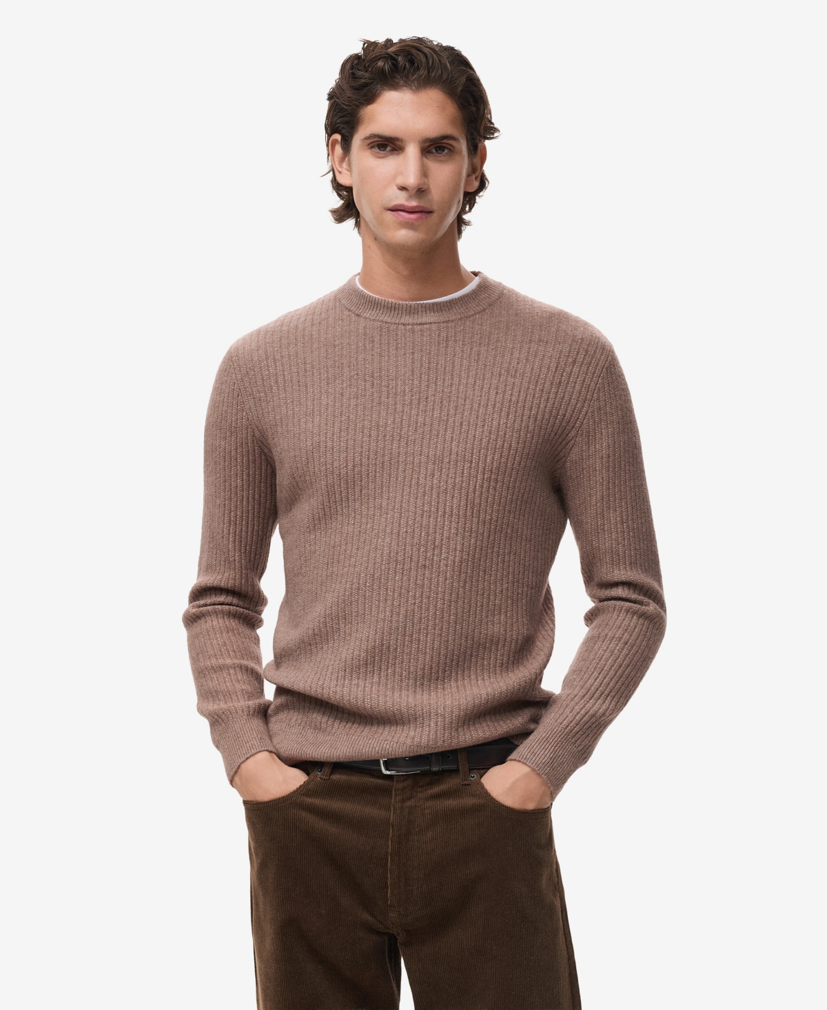 Click here for Mango Mens Knitted Ribbed Sweater - Medium Brown prices
