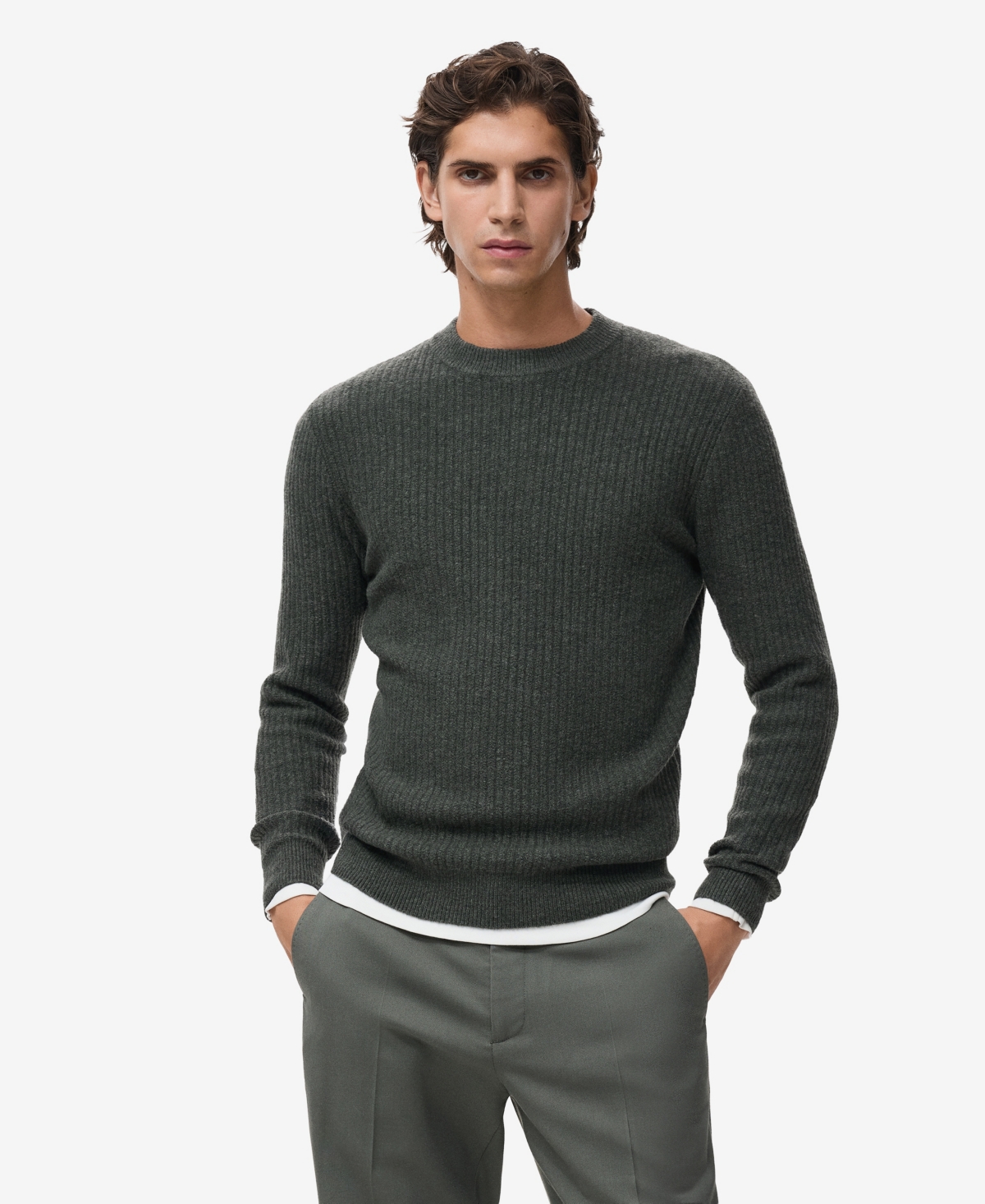 Click here for Mango Mens Knitted Ribbed Sweater - Dark Green prices