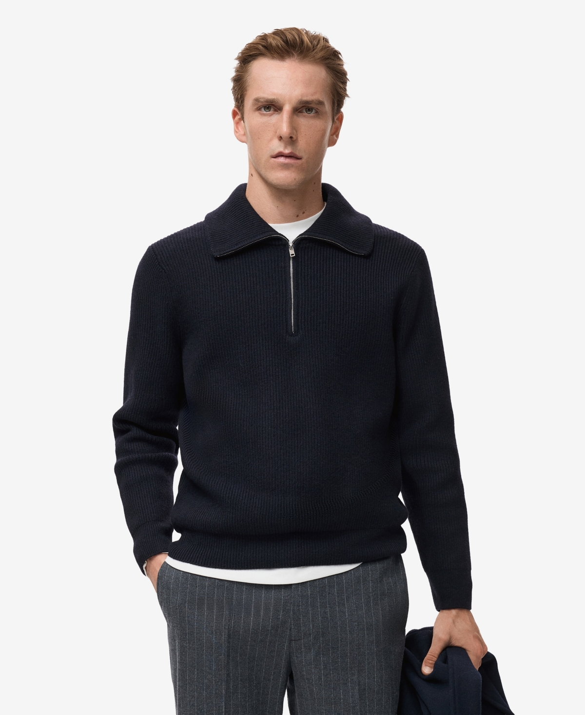Click here for Mango Mens Zip Collar Knitted Sweater - Navy prices